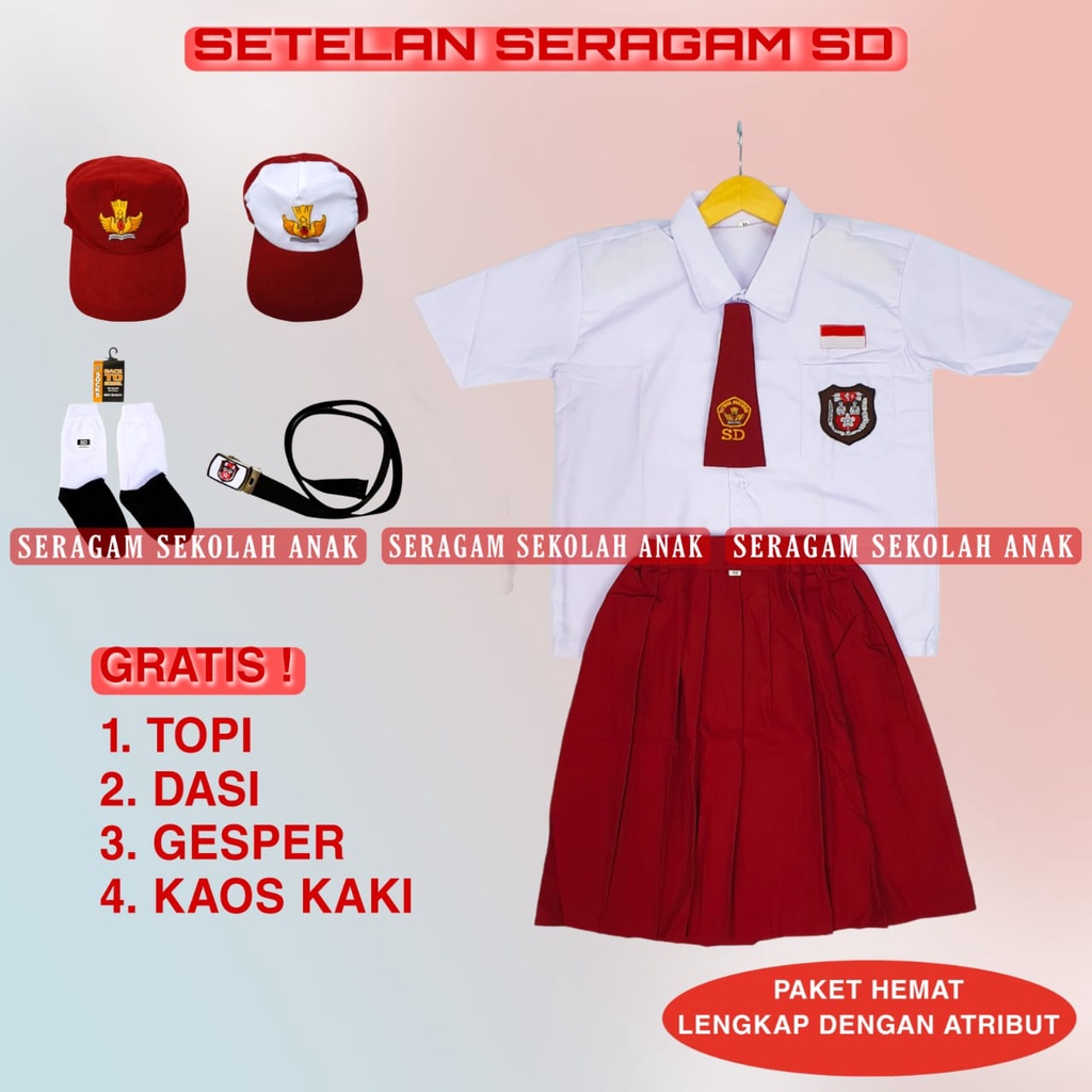 Jual Setelan Super Lengkap Seragam Sekolah SD Perempuan Merah Putih Baju Pendek Rok Pendek cewek ...