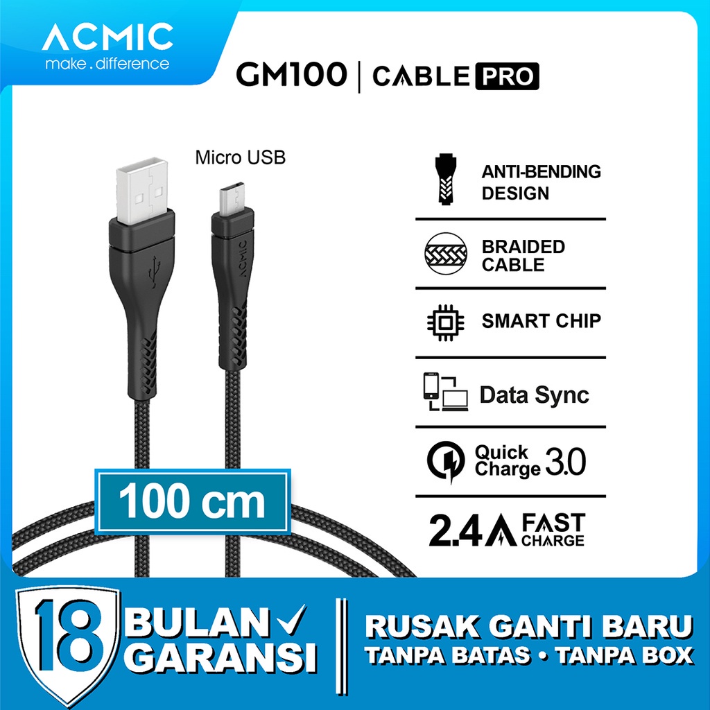 Jual Acmic GM100 Cable Pro Nylon Braided Kabel Data / Charging USB A to Micro USB 100 CM 2.4 A ...