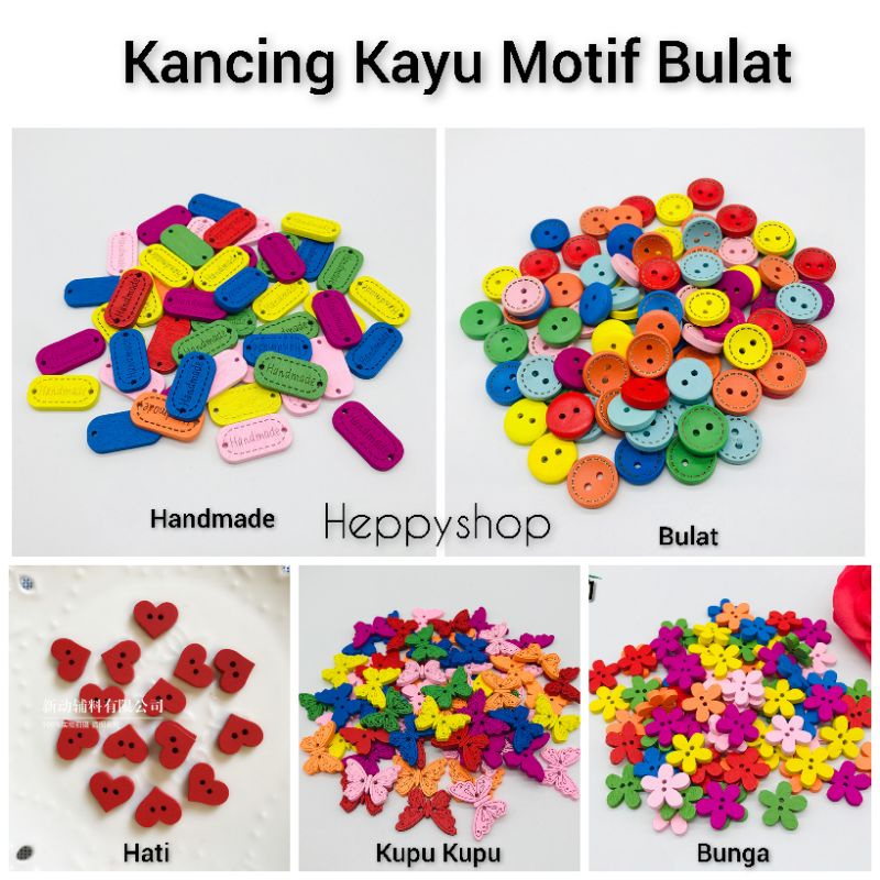 Jual Kancing Kayu Warna Bentuk Bulat Hati Bunga Kupu Handmade | Shopee ...