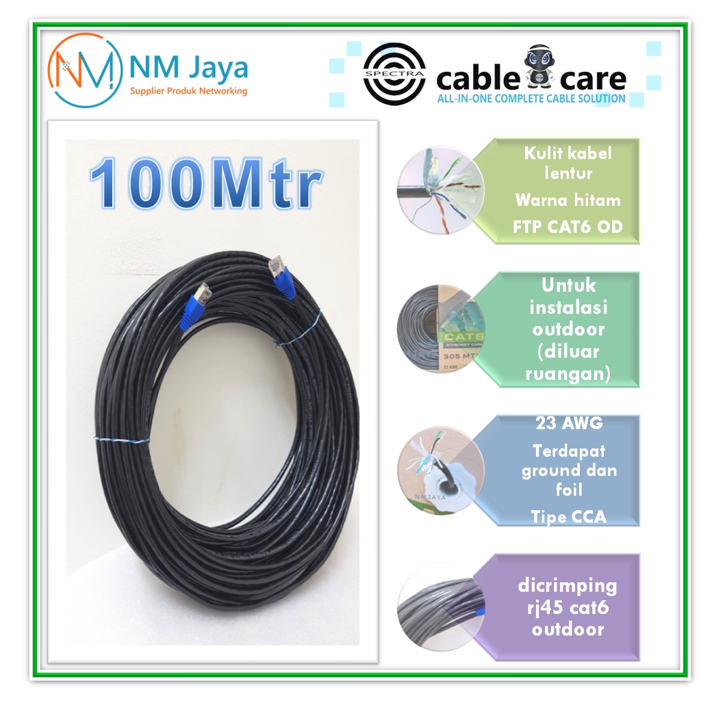 Jual Spectra Kabel Lan Outdoor 10 sampai 100 Meter FTP Cat 6 Siap Pakai ...