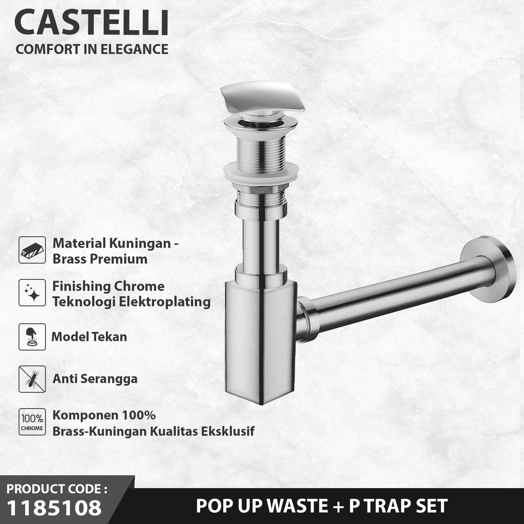 Jual Afur Pembuangan Air Wastafel Castelli Push Pop Up Waste + P Trap ...