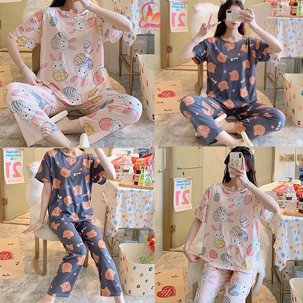 Jual Setelan Baju Tidur Wanita Lengan Pendek Karakter Pajamas Set Celana Panjang Baju Tidur