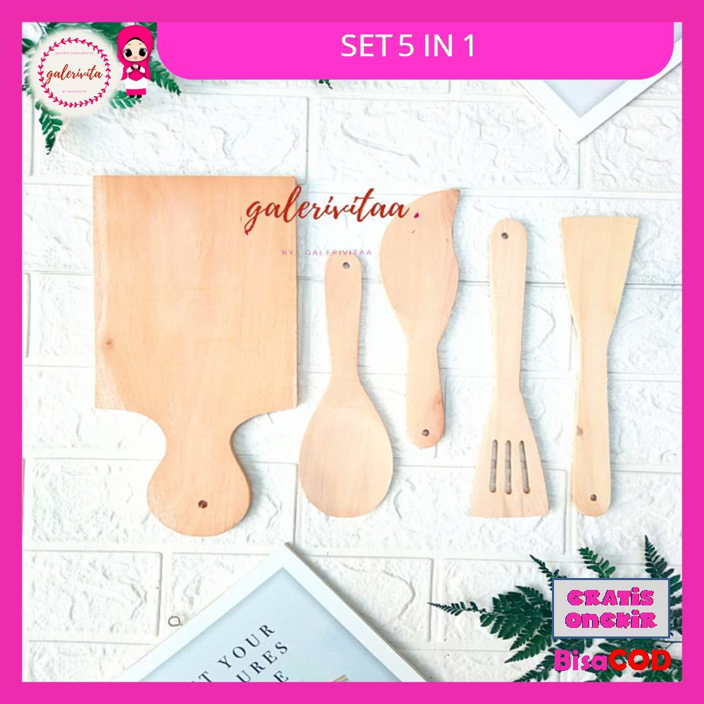 Jual Set Spatula Kayu 5 In 1 Telenan / Set Spatula Masak Satu Set Kayu ...