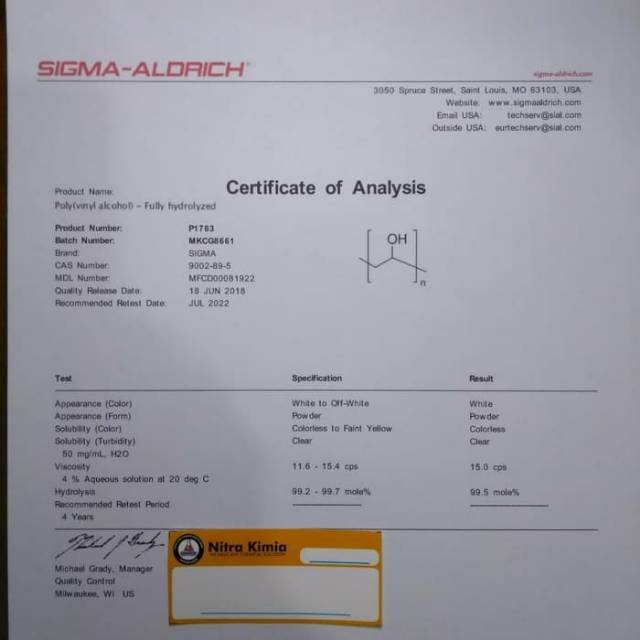 Jual PVA Sigma/Polyvinyl Alcohol/Polyvinvl Alkohol/Polivinil Alkohol ...