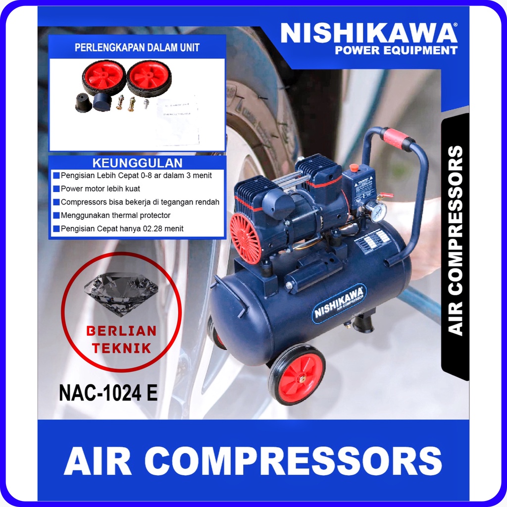 Jual Air Compressor Oil Less Nishikawa NAC 1024 E Kompresor Angin Tanpa ...