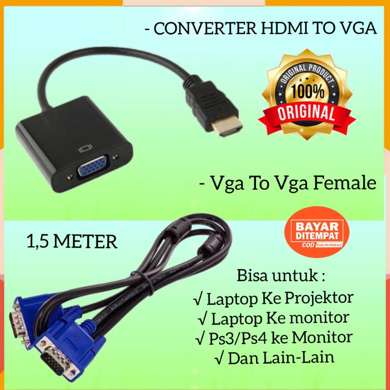 Jual KABEL HDMI TO VGA CONVERTER ADAPTER CABLE MALE TO FEMALE/ KABEL VGA TO VGA FEMALE 1.5 M ...