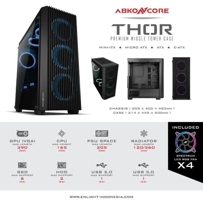 Jual ABKONCORE THOR CASING PC - Include 4 FAN RGB spectrum TEMPERED ...