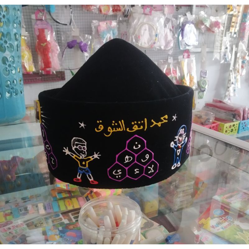 Jual songkok lukis motif doraemon huruf hijaiyah aplikasi LED nyala ...