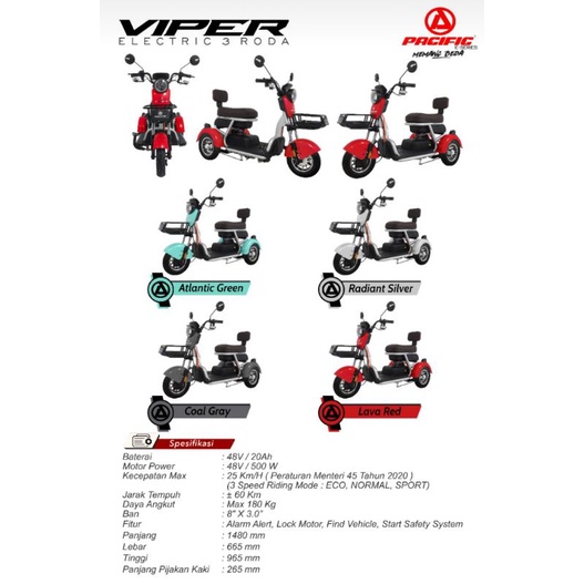 Jual Motor LISTRIK RODA 3 VIPER By Pasific | Shopee Indonesia