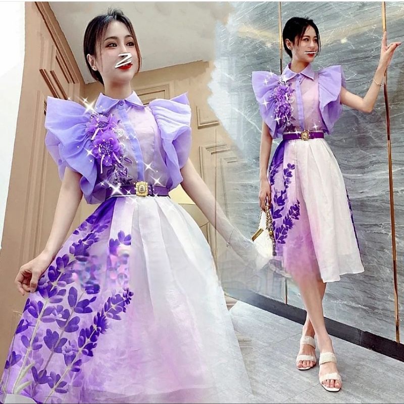 Jual dress bunga ungu midi are dress pesta acara violet dress lilac ...