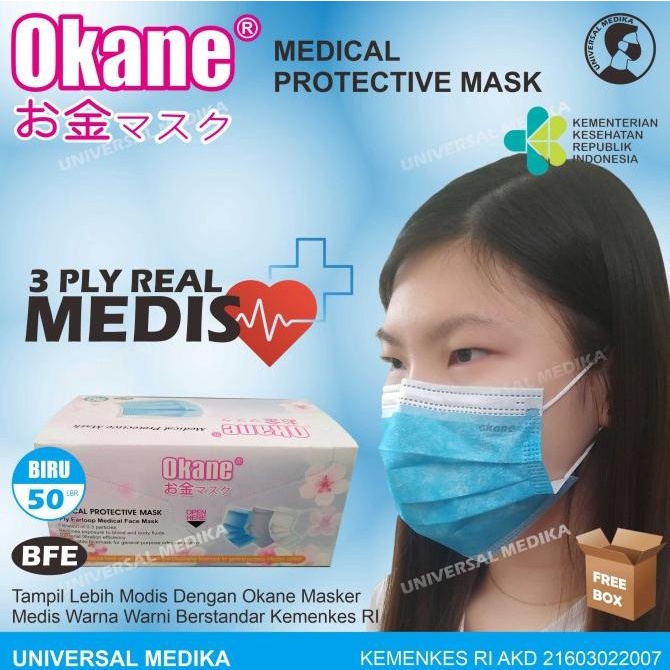 Jual Masker Medis 3 Ply Okane Medical Protective Mask Earloop Biru 50 ...