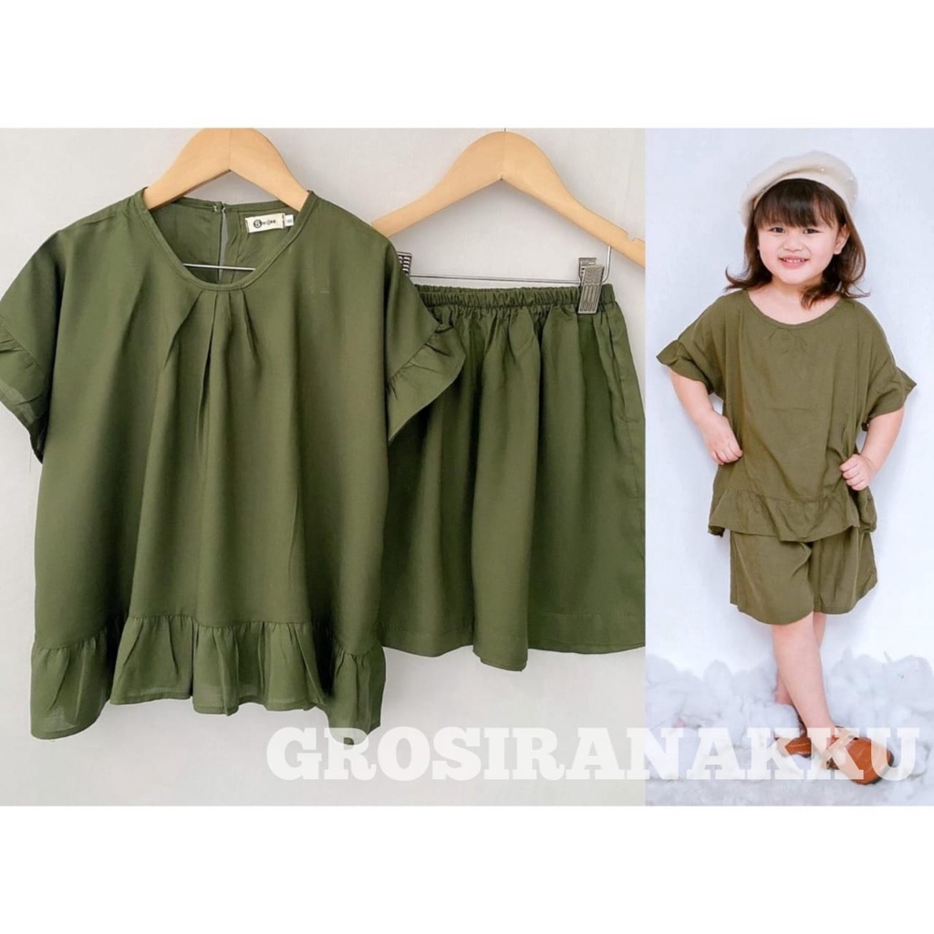 Jual Setelan Anak Rayon Pendek Smilee Polos Freya Warna Hijau Army Size ...