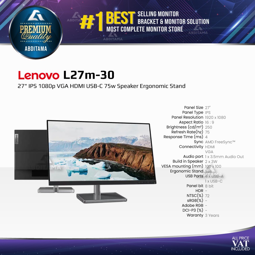 Jual Monitor LED Lenovo L27m-30 27" IPS 1080p VGA HDMI USB-C 75w ...