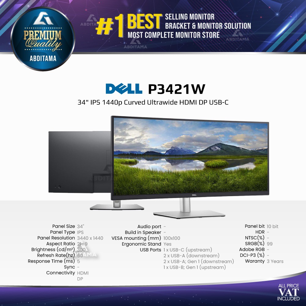 Jual Monitor LED Dell P3421W 34" IPS 1440p Curved Ultrawide HDMI DP USB ...