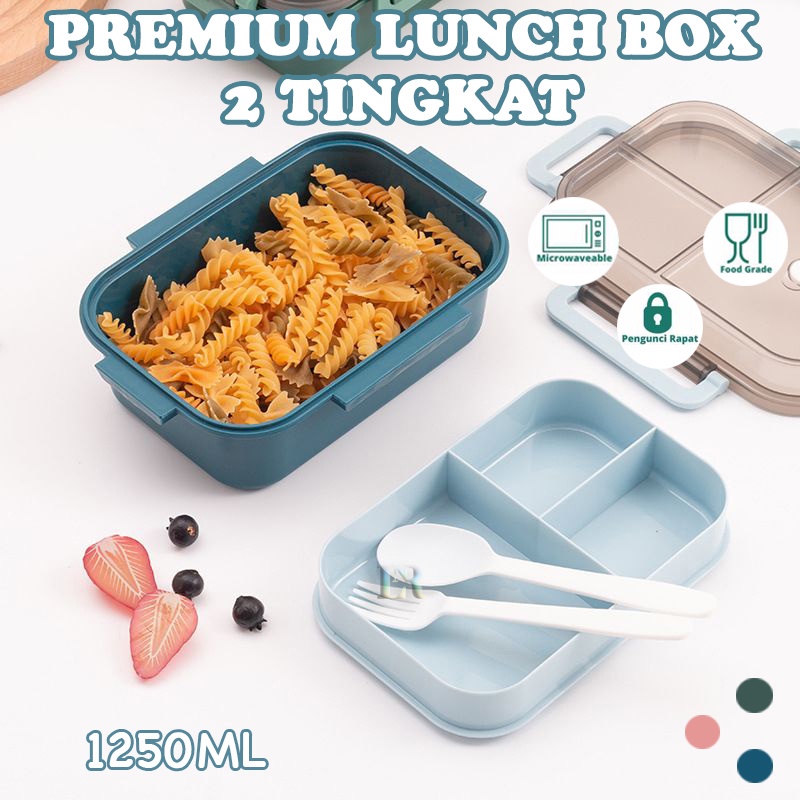 Jual Lunch Box Set 1250ML Kotak Bekal Makan Siang 2 Susun / 2 Tingkat Dengan Sendok Garpu Wadah ...