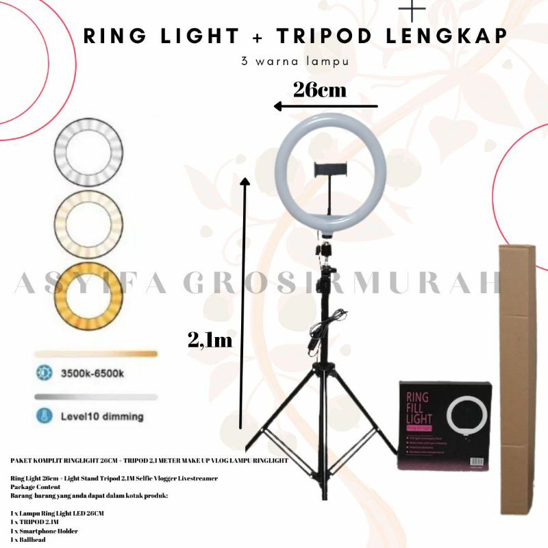 Jual (BAYAR DI TEMPAT) RINGLIGHT 26CM + TRIPOD 2,1m Lengkap/paket komplit Ringlight+tripod ...