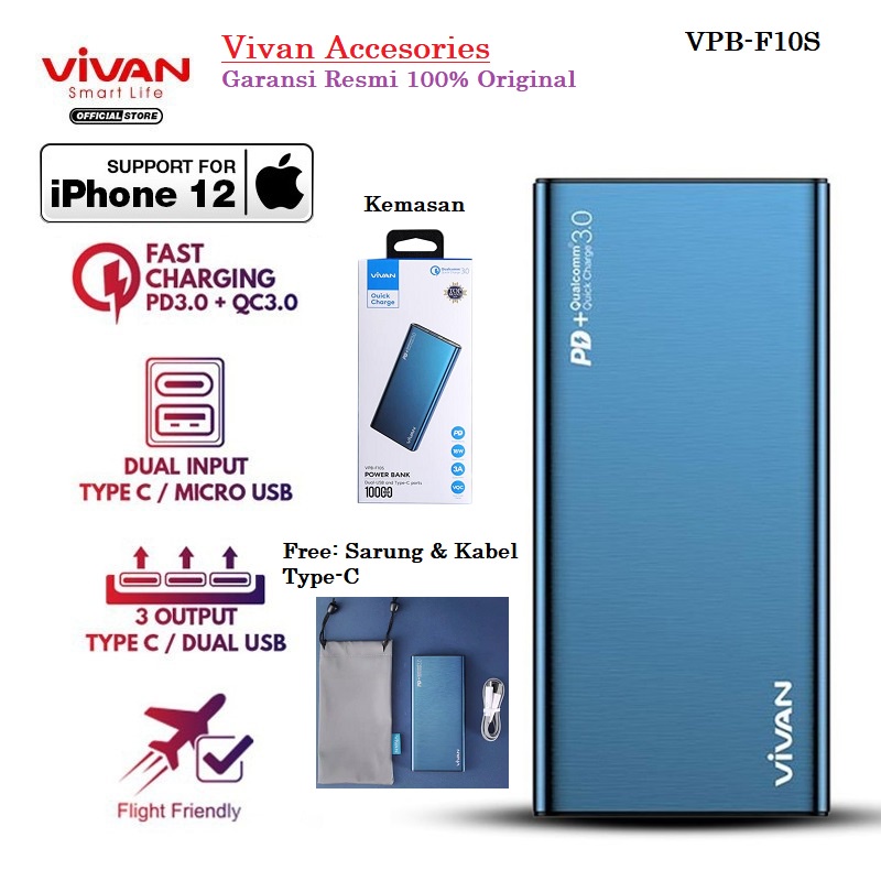 Jual Powerbank Dual USB Vivan Power Bank 10000 mAh 18W VPB-F10S ...