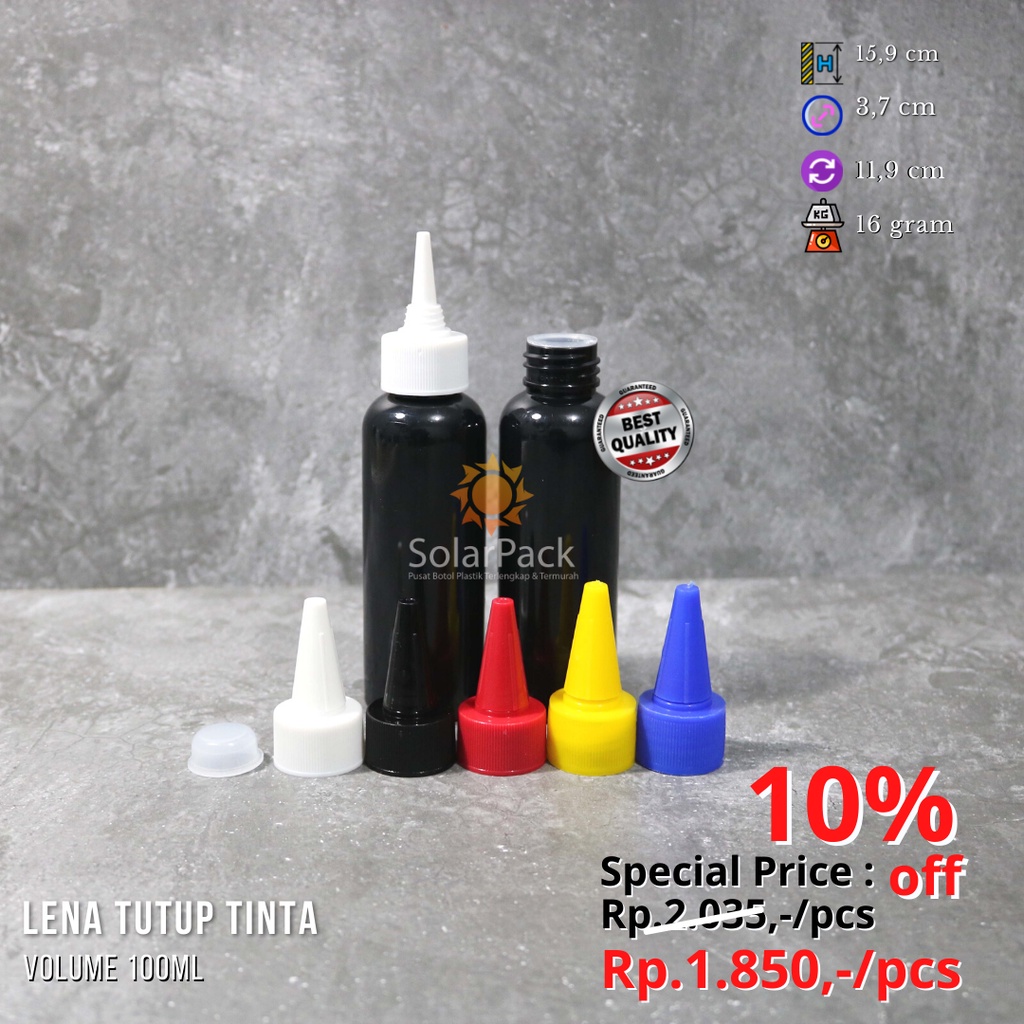 Jual Botol plastik 100ml pet lena hitam tutup tinta warna warni ...