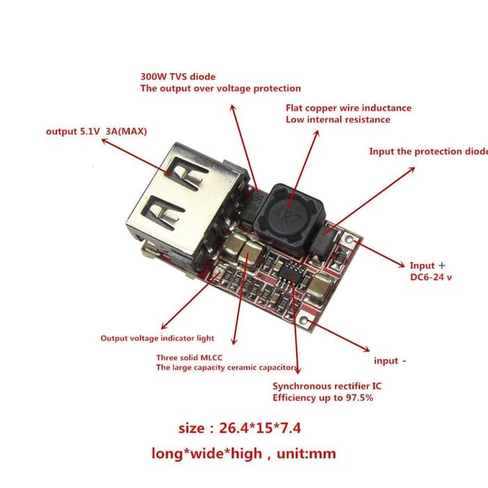 Jual Step Down Converter Module DC 6-24V to 5V 3A max USB Output ...