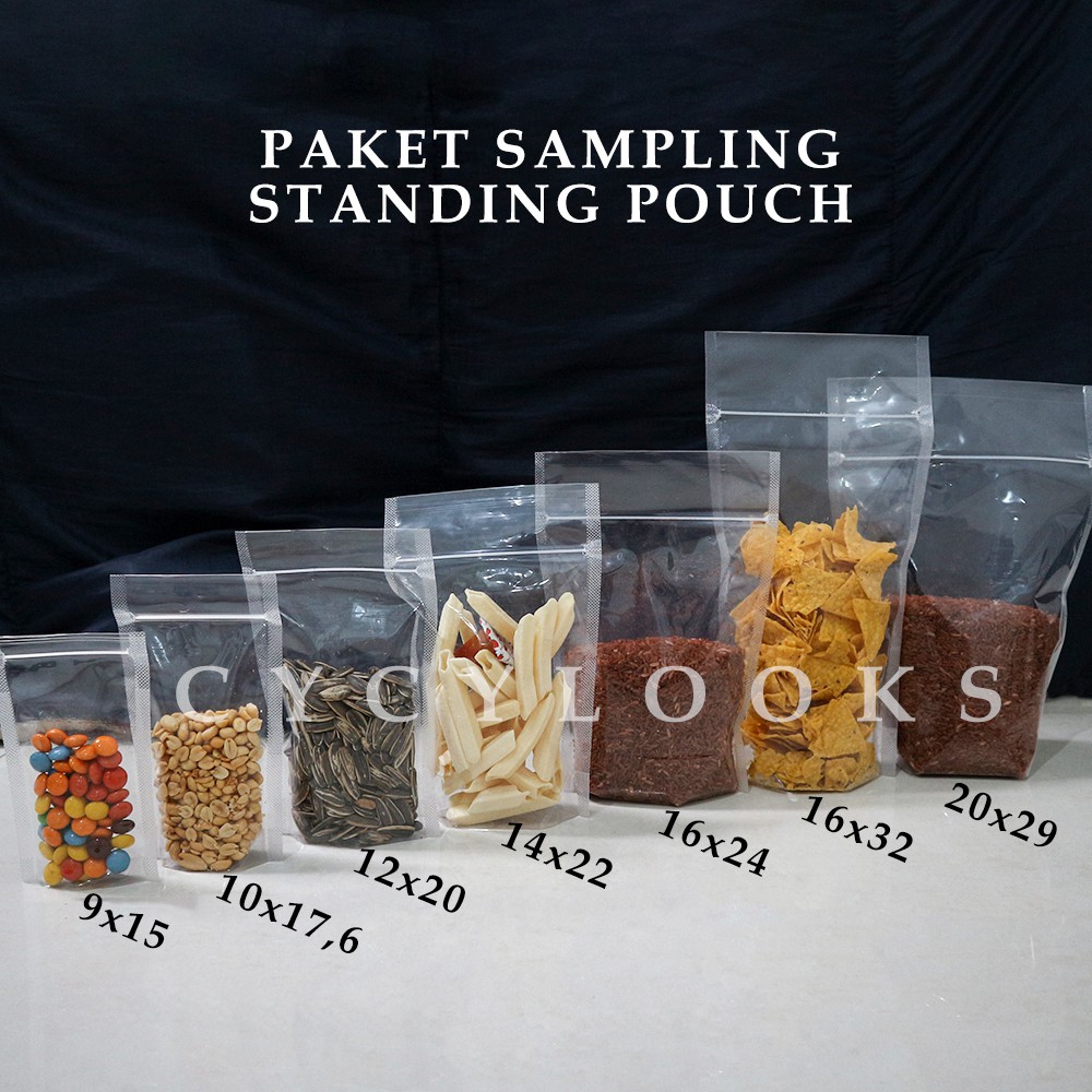 Jual PAKET SAMPLING Standing Pouch Bening Kemasan Plastik Klip 7 UKURAN ...