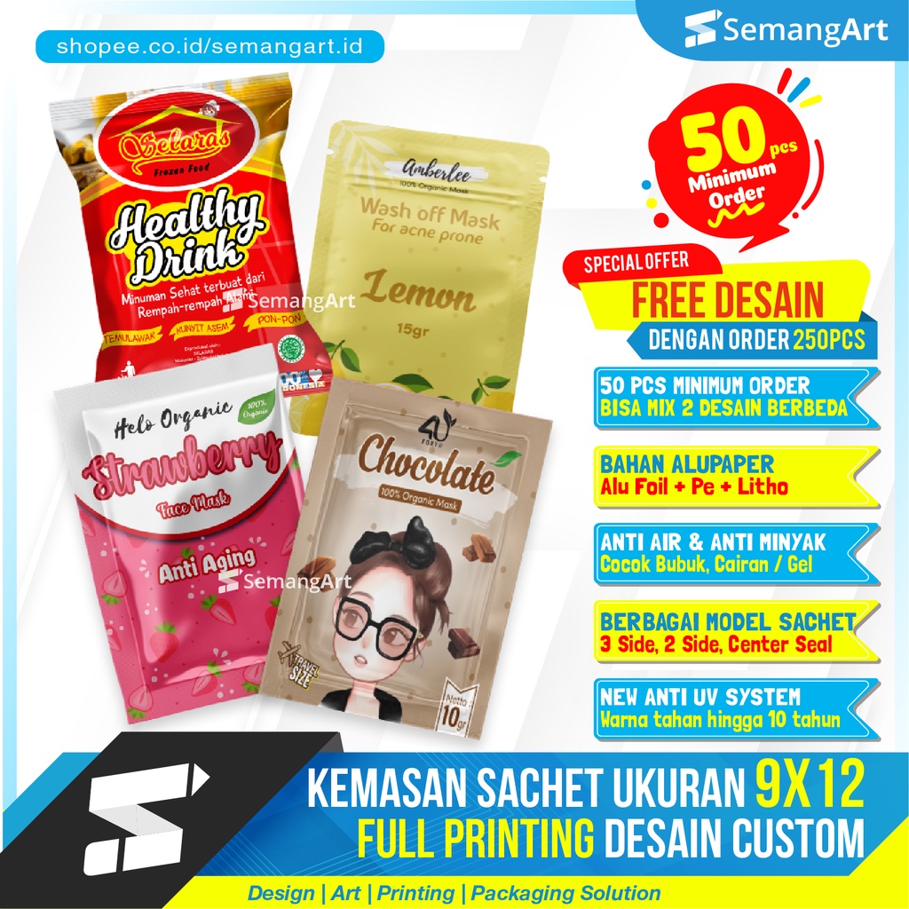 Jual Kemasan Sachet 9x12 Plastik Klip Ziplock Flat Bottom Full Printing ...