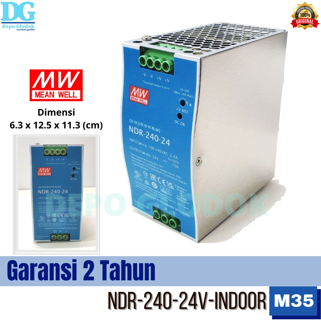 Jual TRAFO POWER SUPPLY MEANWELL DIN RAIL Type NDR 240 Watt 24 Volt 10A ORIGINAL MEANWELL GARANS ...