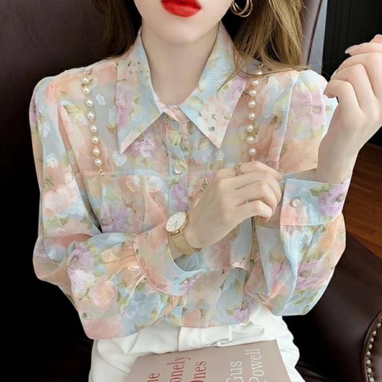 Jual 7843 Baju Blus blose blouse kemeja blouse lengan panjang bunga ...