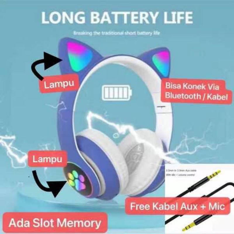 Jual headphone bluetooth LED wireless telinga kucing / Cat ear lucu ...