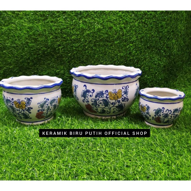 Jual Pot Keramik Biru Putih Model Bulat Warna/ Pot Tanaman Ukuran 20,15 ...