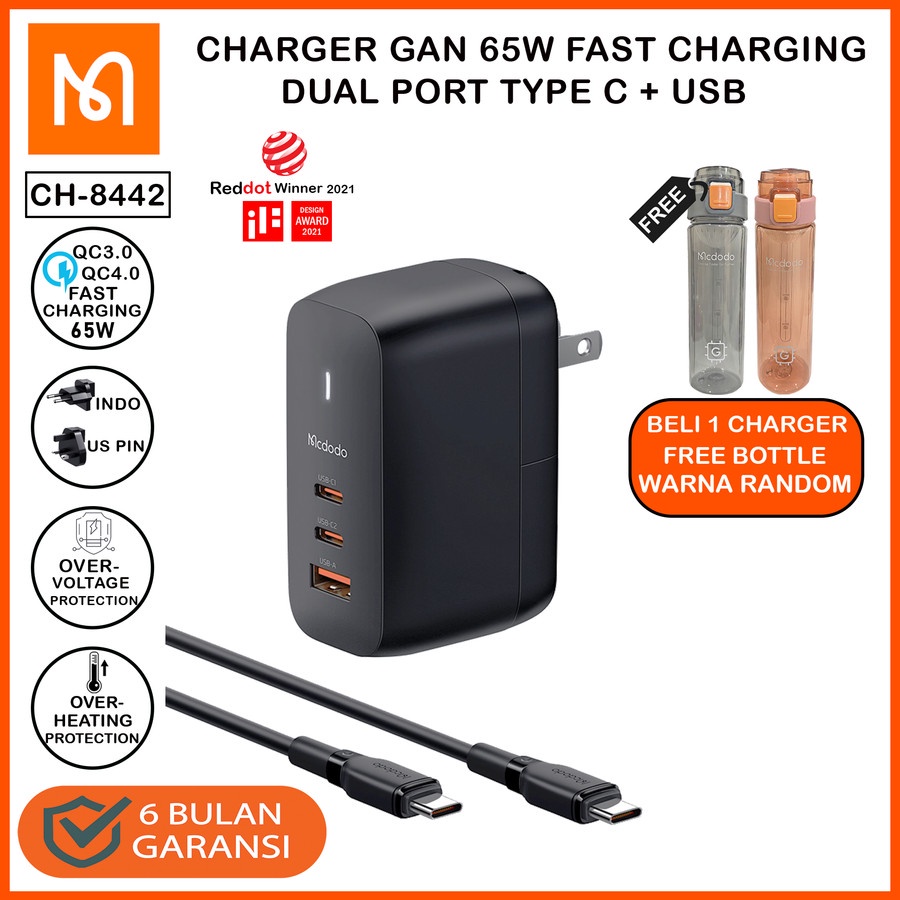 Jual MCDODO CH-8442 Adaptor Charger Mini 65W GAN PD Dual Type C + USB ...