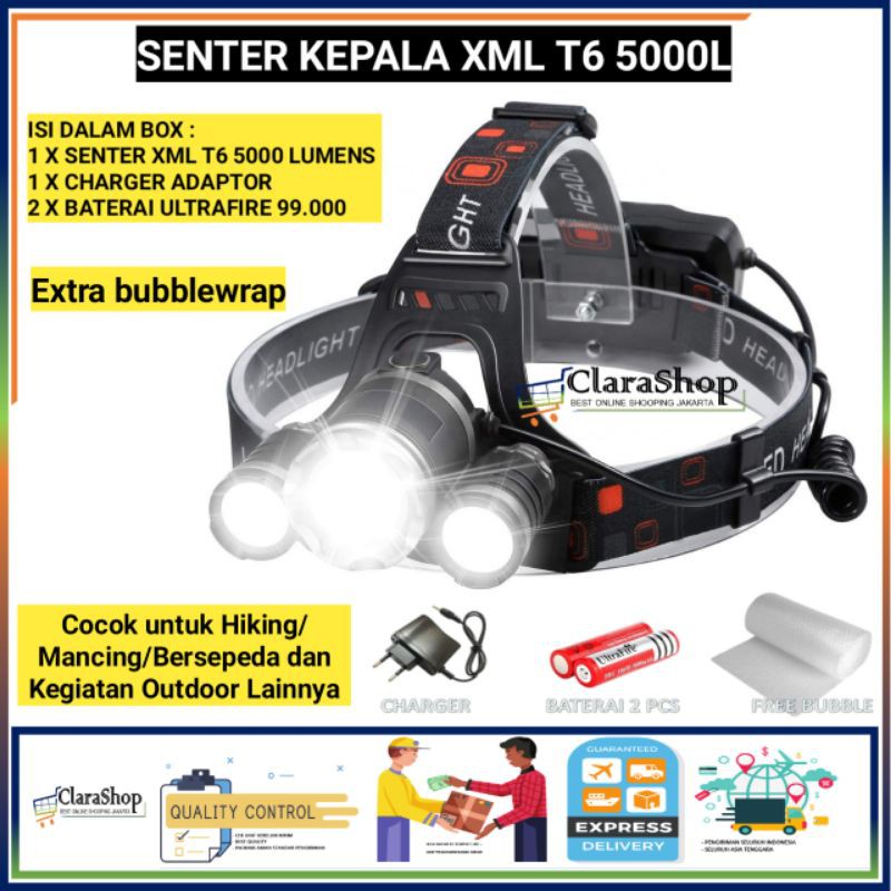 Jual Senter Kepala Cas Led / Headlamp LED Cre XML-T6 5000 Lumens Super Terang | Shopee Indonesia