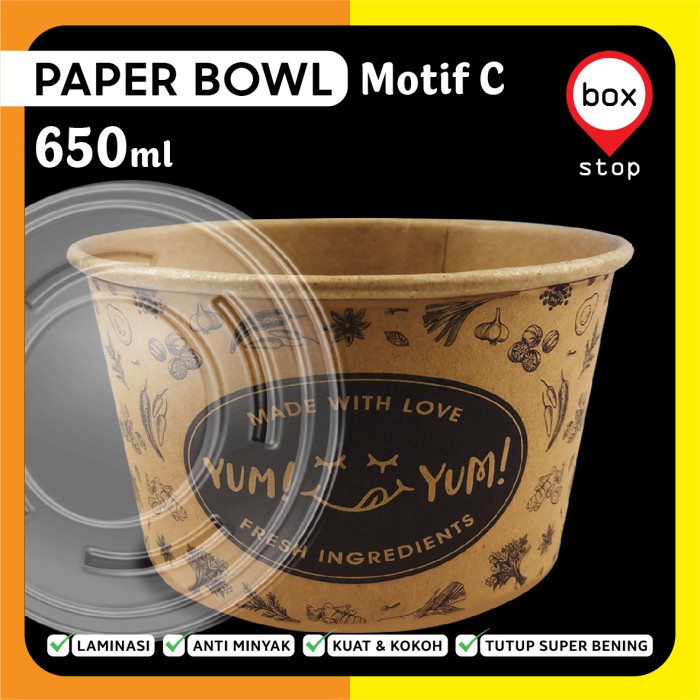 Jual Paper Bowl Kraft Coklat MOTIF 650 ml | 22 oz (VARIAN) (50 PC ...