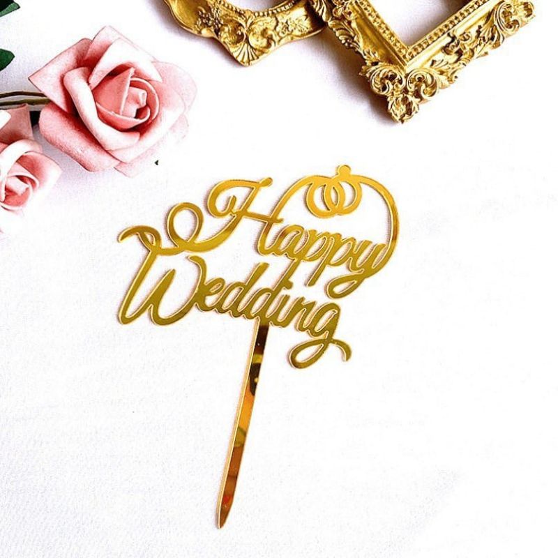 Jual Cake Topper Happy Wedding Gold/Hiasan Kue Pernikahan/Dekorasi ...