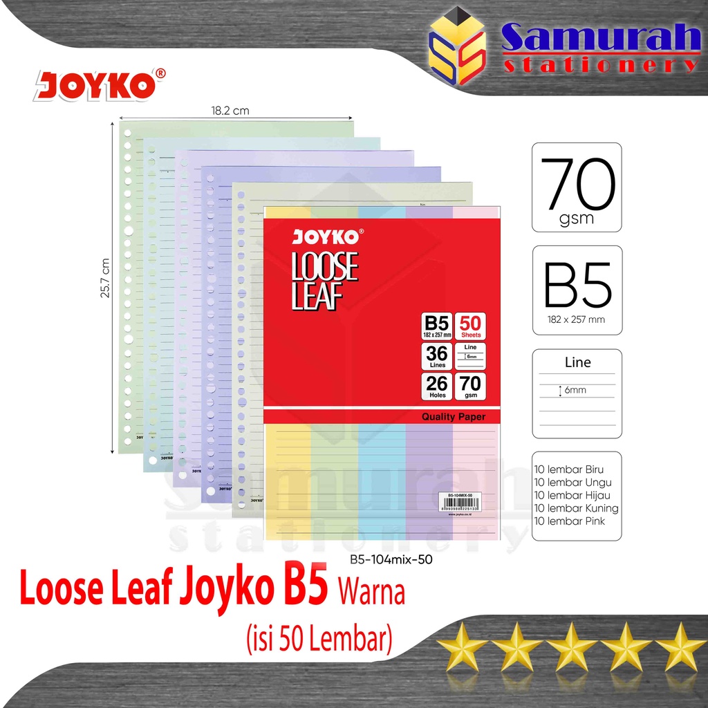 Jual Loose Leaf Joyko B5 - 104 Mix Color / isi Binder File B5 isi 50 Lembar 5 Warna Campur ...