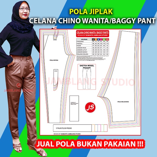 Jual Pola Jiplak Celana Chino Wanita / Baggy Pant [ Pola Baju Jamblang Studio ] | Shopee Indonesia