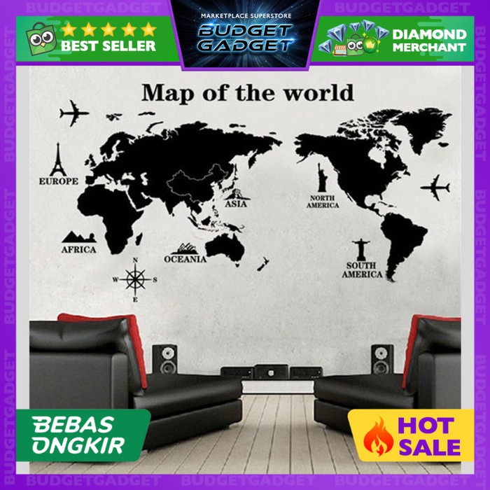 Jual Ds50411D Sticker Wallpaper Dinding World Map Peta Dunia Bahan ...