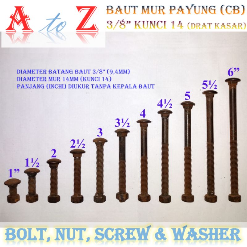 Jual baut mur payung 3/8 x 4 1/2" cb/bmcb 3/8 x 4,5 in/cb baut toko 3/8 ...