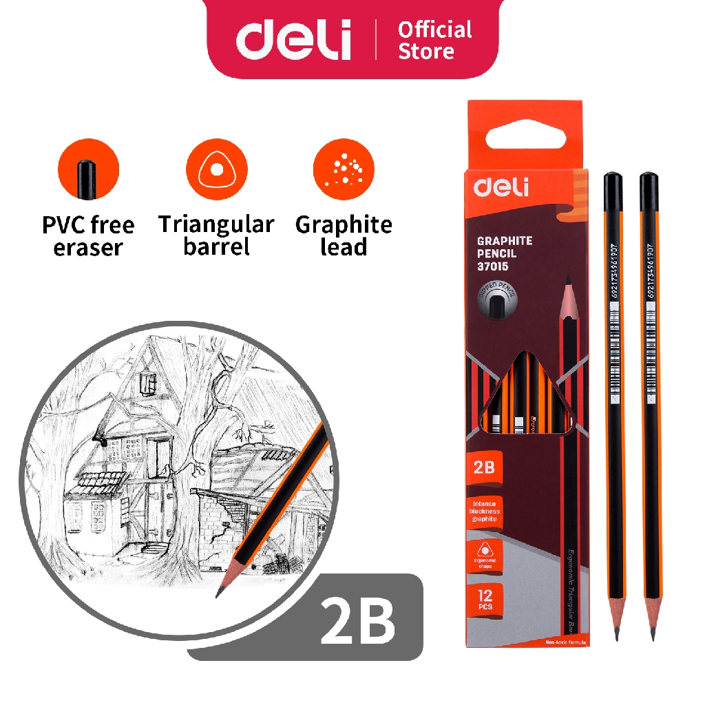Jual Deli Graphite Pensil Kayu 2B Tidak Beracun Mudah Diasah E37015 ...
