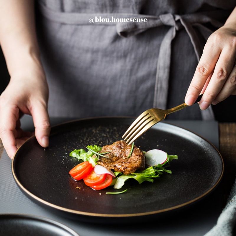 Jual Piring Keramik Hitam Putih List Gold Mewah Piring Steak Hotel ...