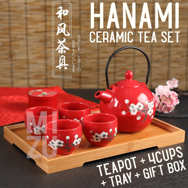 Jual HANAMI Sakura Ceramic Tea SET Pot 4 Cups Strainer Tray Gift Box ...