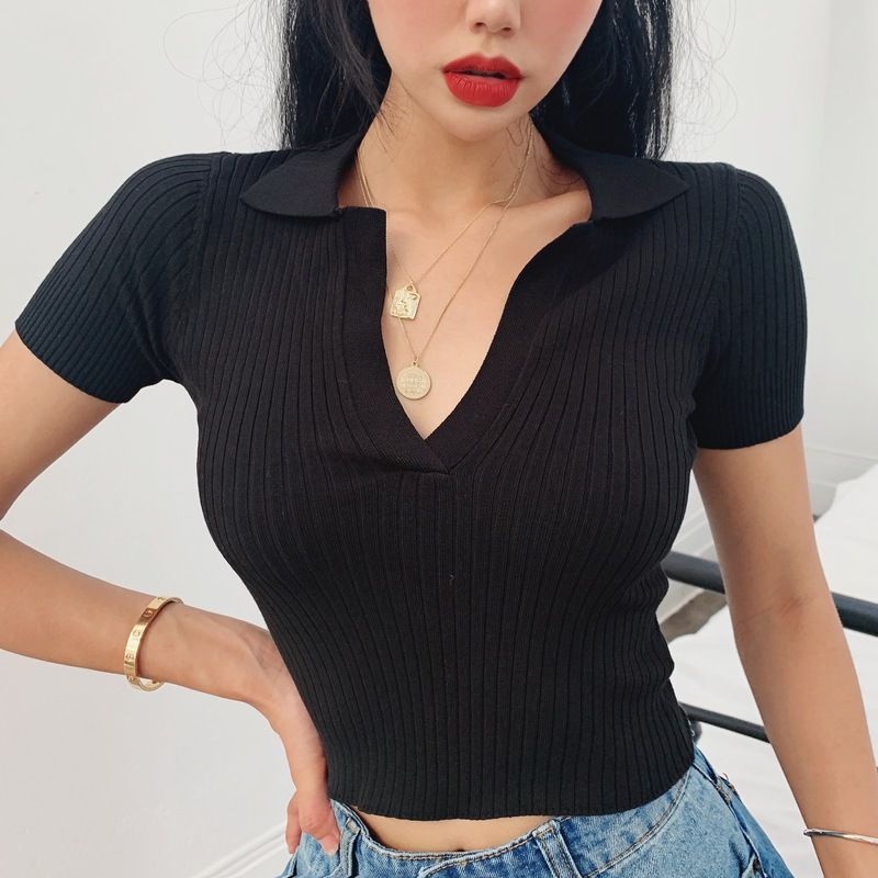 Jual Korean Vneck Crop Top Blouse / Polo Shirt Atasan Wanita VTOP | Shopee Indonesia