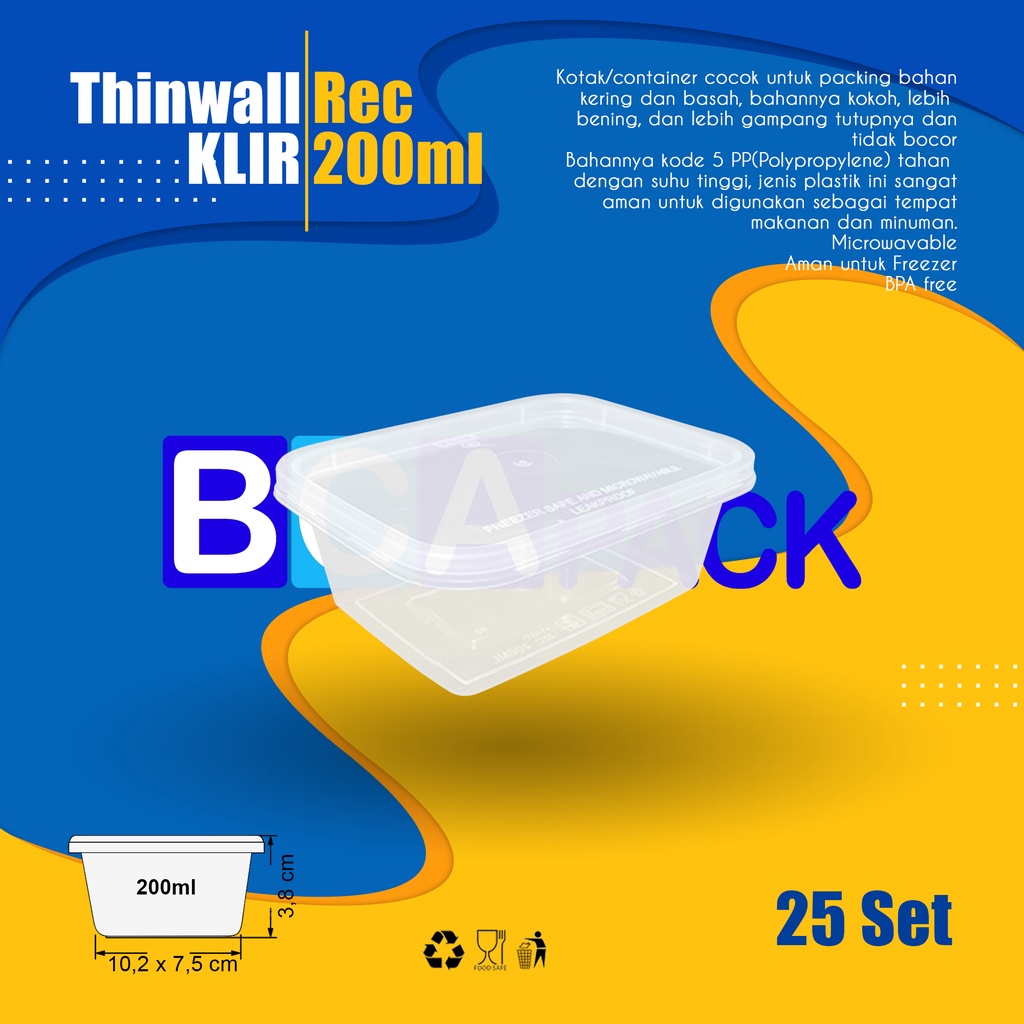 Jual Thinwall KLIR 200 ml RECTANGLE - ANTI PECAH - Kotak makan -25 pcs | Shopee Indonesia