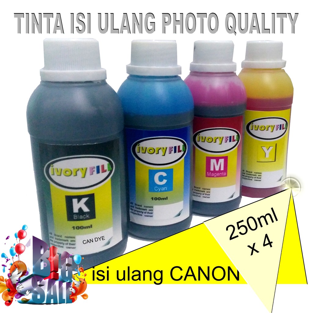 Jual paket promo tinta canon 4 warna 250ml CMYK ivoryfill infus printer ...