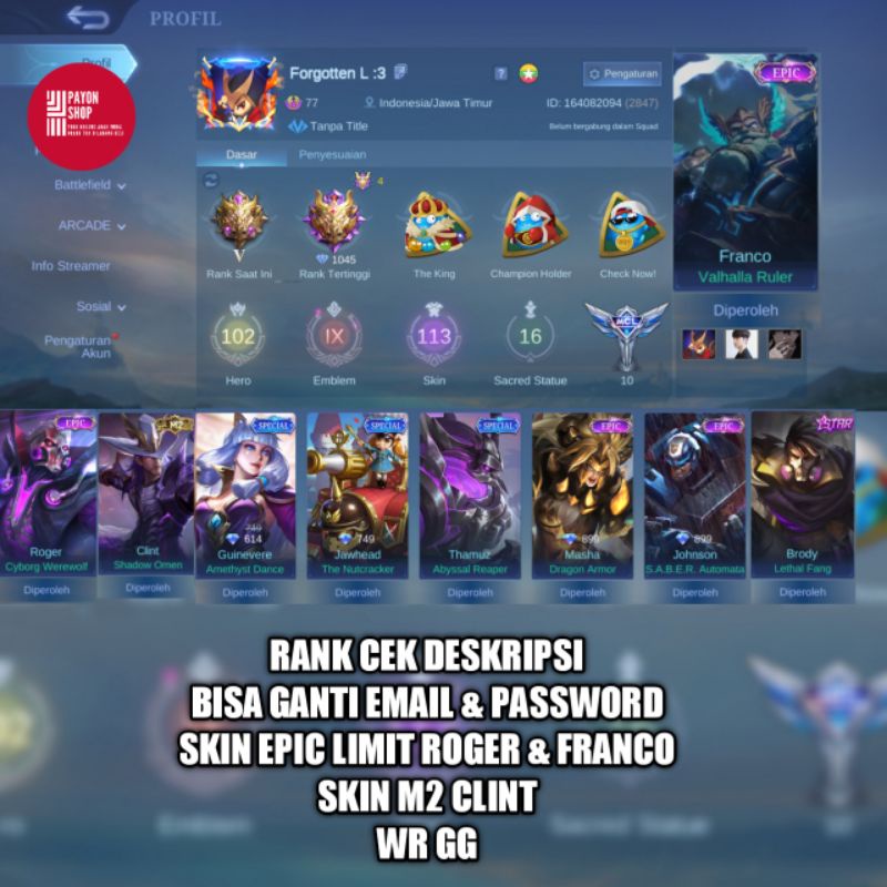 Jual akun mobile legend/ml/mlbb Wr Gg & skin m2 clint | Shopee Indonesia