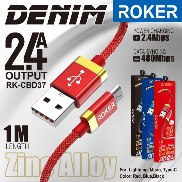 Jual KABEL ROKER DENIM 3TYPE MICRO USB , IPH 5 /6/7/8 , TYPE-C - KABEL ...