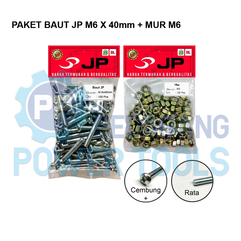 Jual PAKET 2 SET BAUT MUR 6x40 BAUT JP M 6 x 40 MM MUR M6 SKRUP ISI 100 PCS | Shopee Indonesia