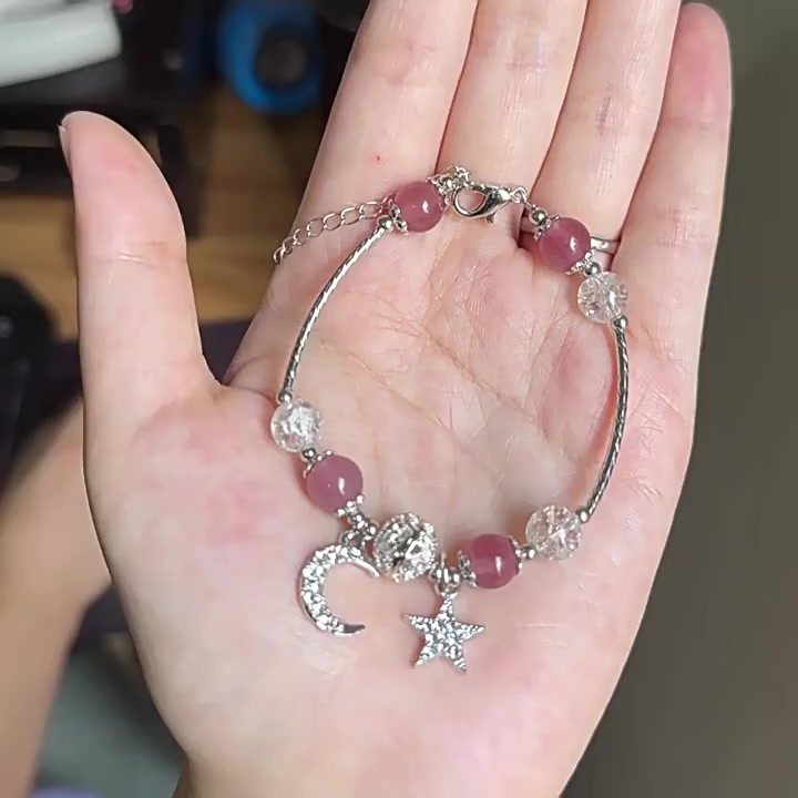 Jual Gelang Sungai Bintang Batu Bulan Kristal Stroberi Yang Manis Liontin Bintang Bulan Bracelet