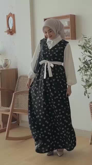 Jual Eri Overall - Set Dress Motif Bunga Floral Daisy Monocrome Korean ...