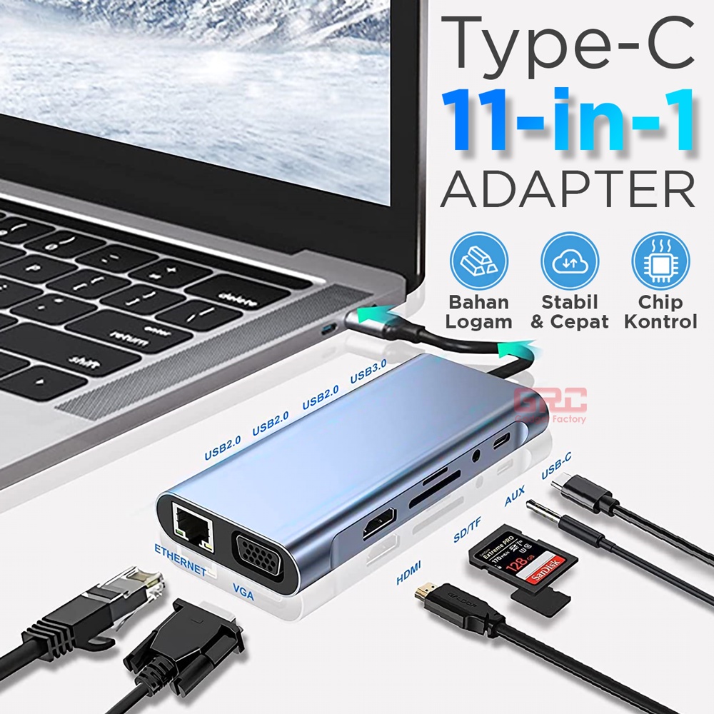 Jual Adapter Converter HUB Type C to 11 Port VGA LAN HDMI TF Micro SD Jack | Shopee Indonesia