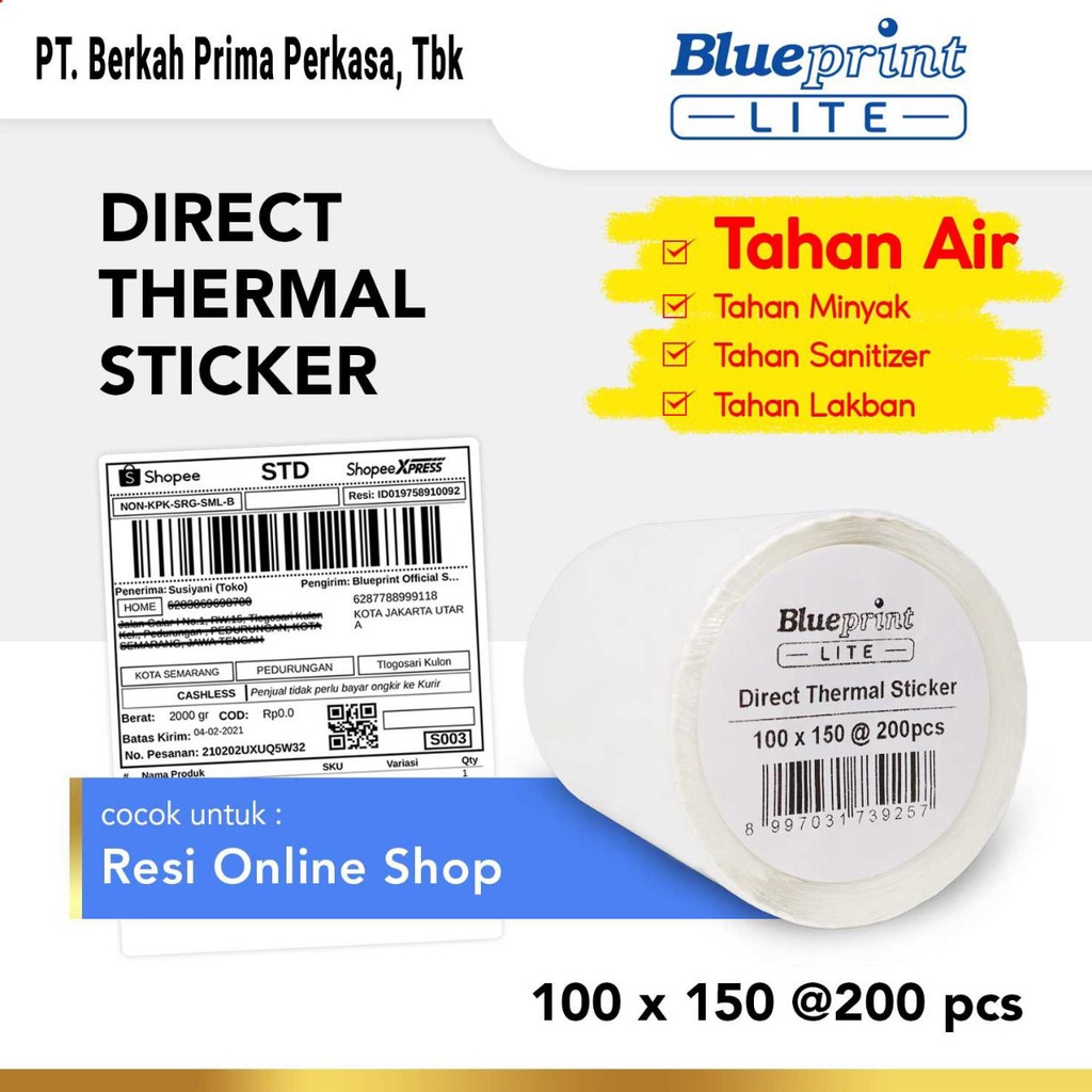 Jual Sticker Direct Thermal BLUEPRINT 100x150 mm A6 Stiker Label ...